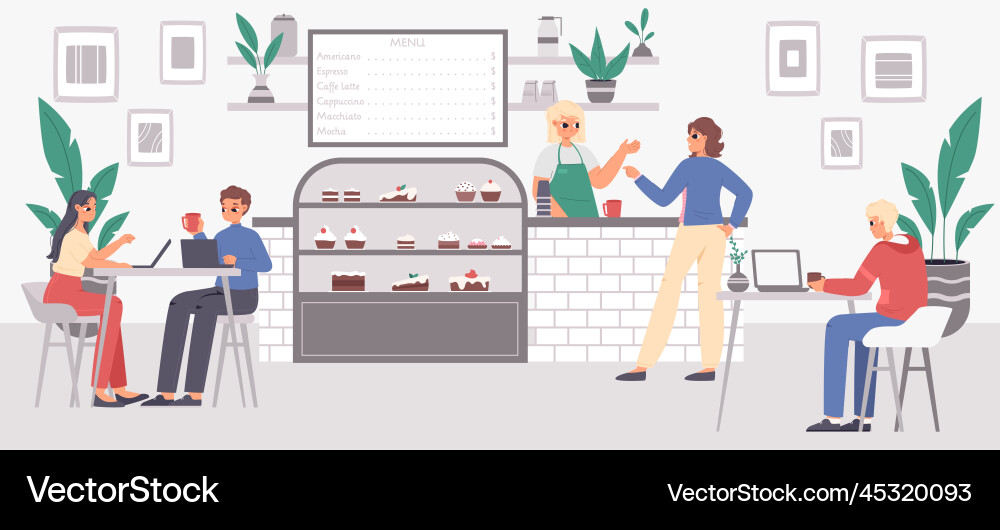 Young working in cafe eating desserts drink Vector Image