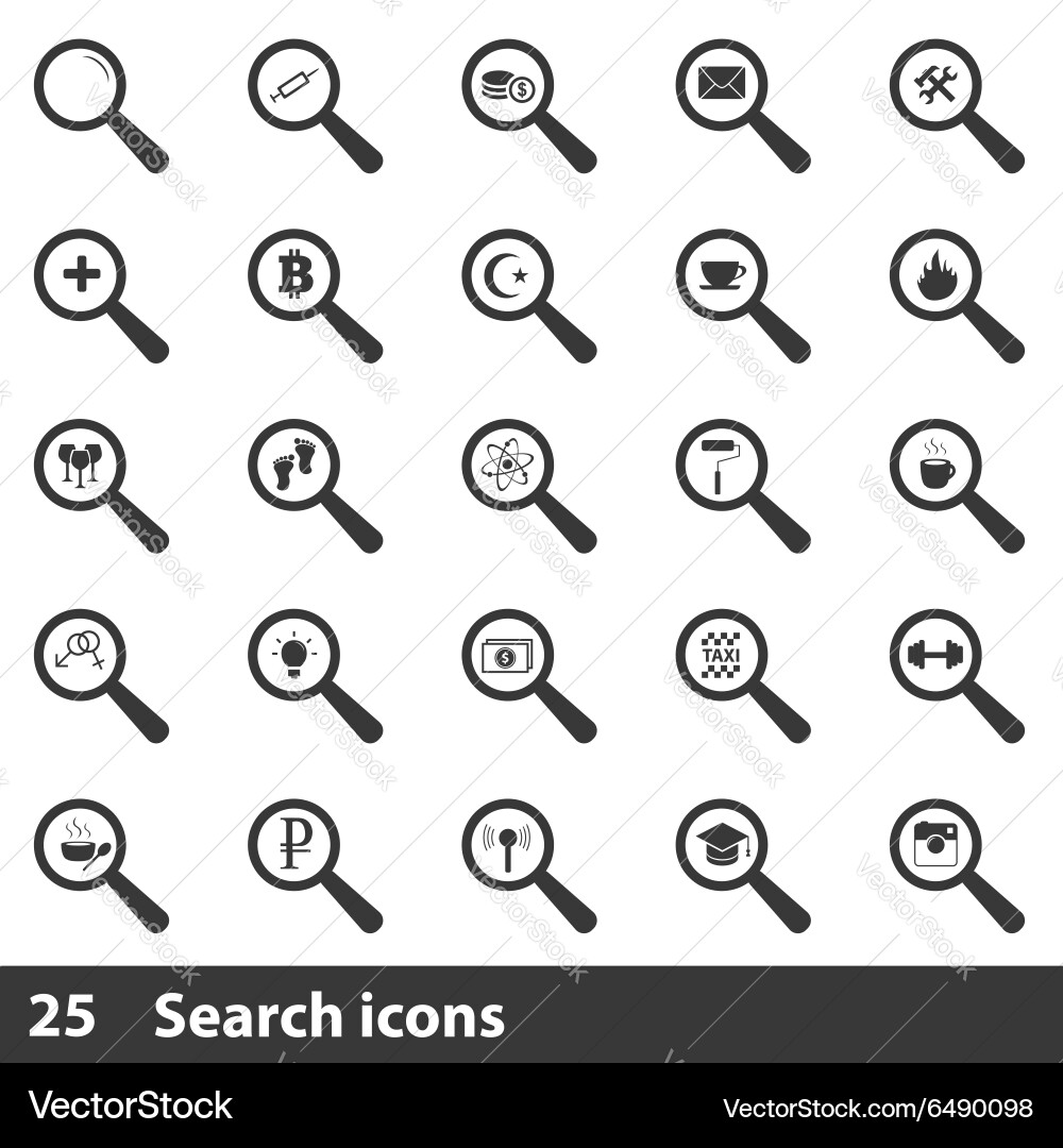 25 magnifying glass icons set Royalty Free Vector Image