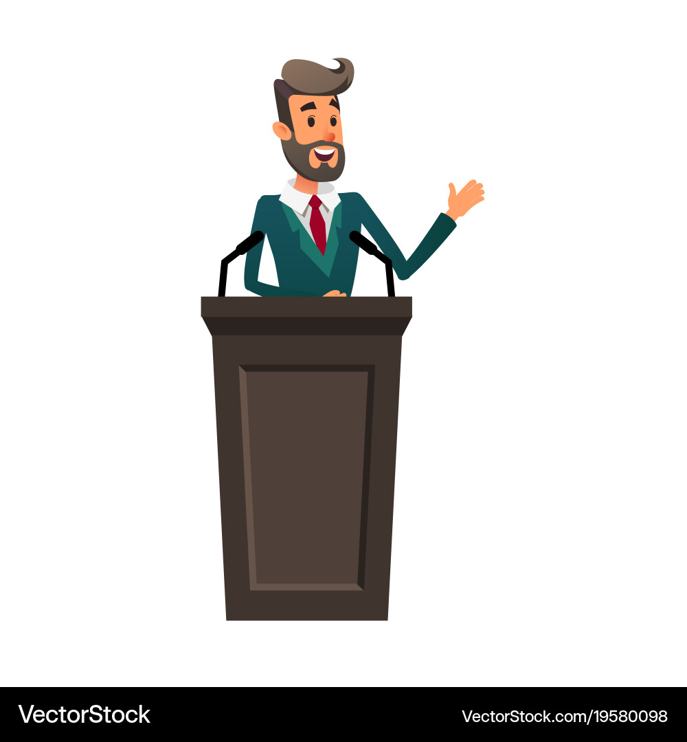 Lecturer stands behind rostrum the Royalty Free Vector Image