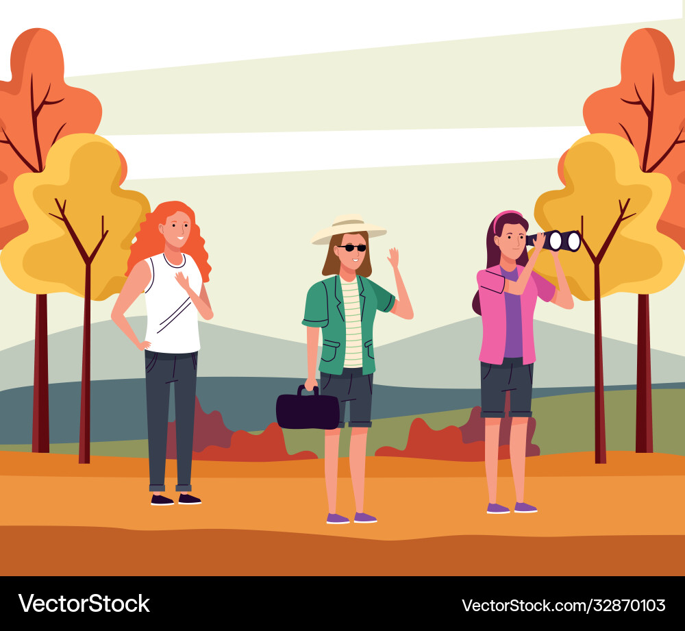 Group tourist girls doing activities Royalty Free Vector
