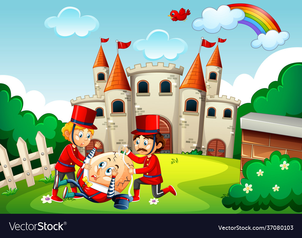 Humpty dumpty egg with soldiers in castle scene Vector Image