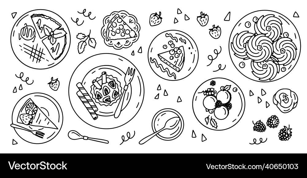 Line art sliced cake and cupcakes hand drawn Vector Image