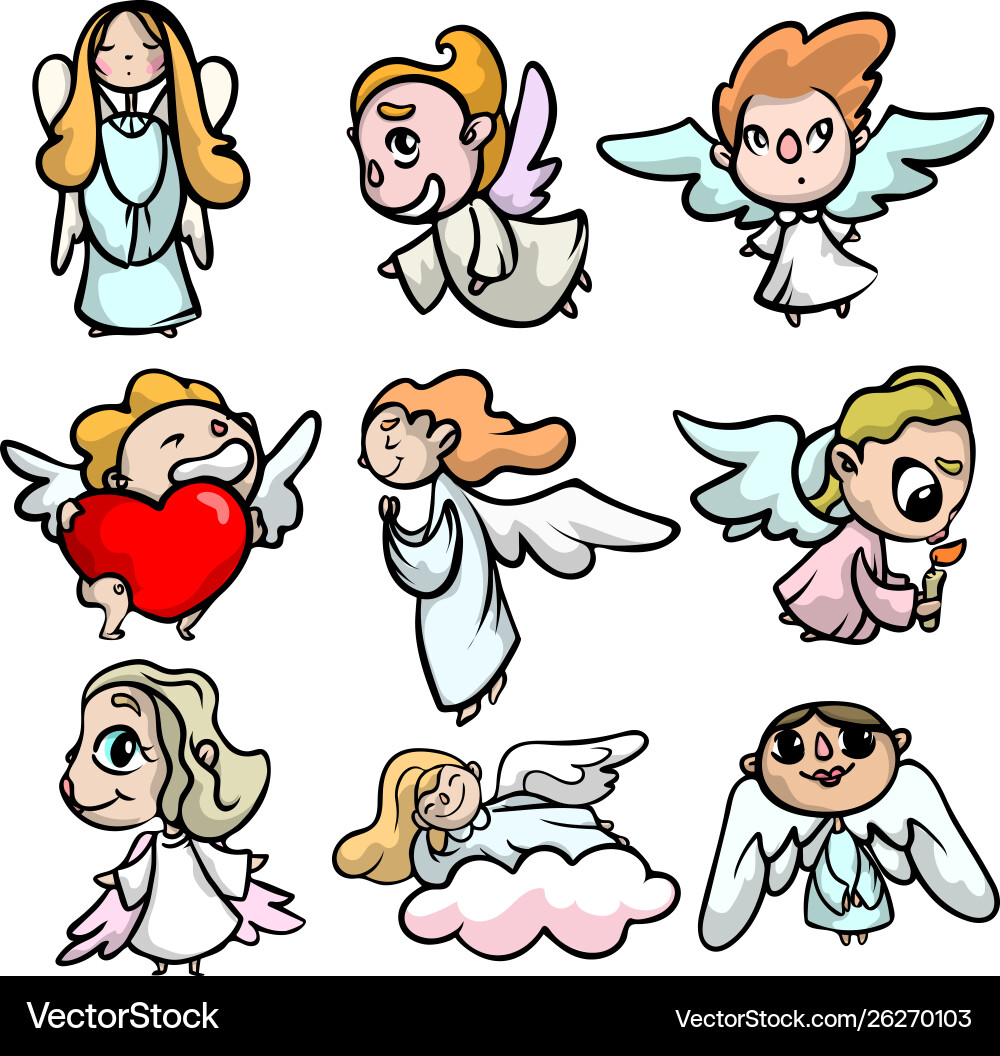 Set cute kid angels with face and light wings Vector Image