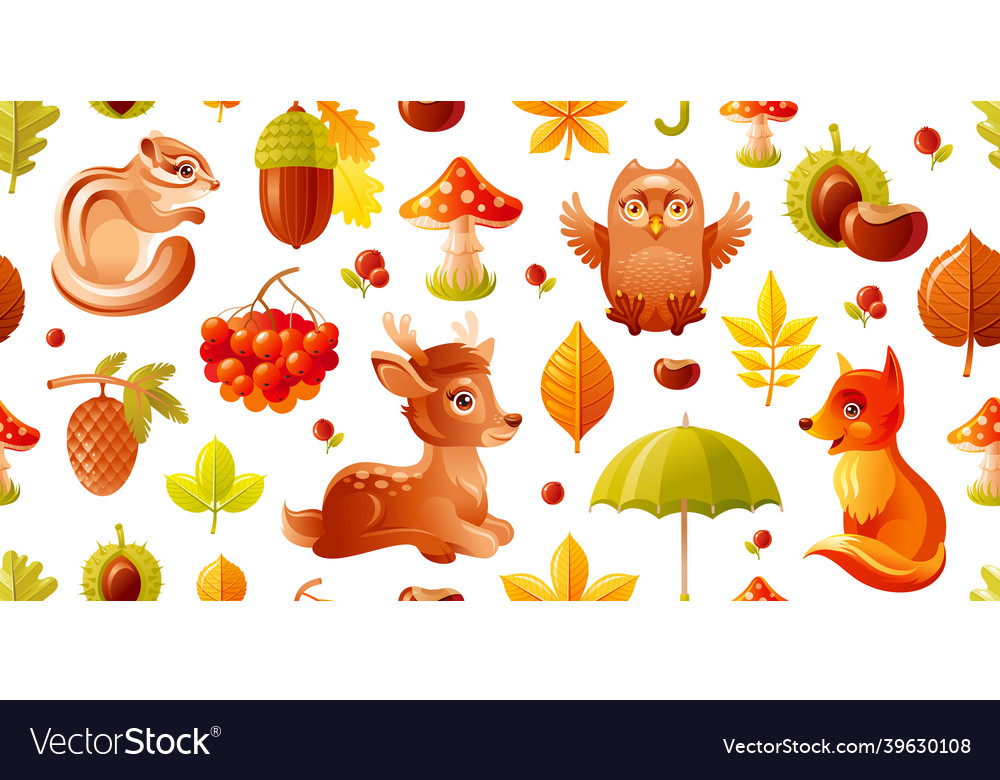 Autumn pattern forest animals cute fall Royalty Free Vector