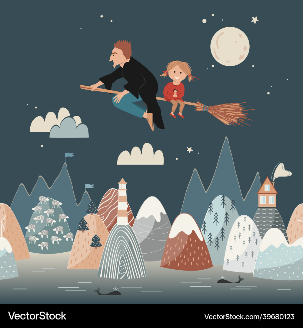 Cute little witch with her father flying Vector Image