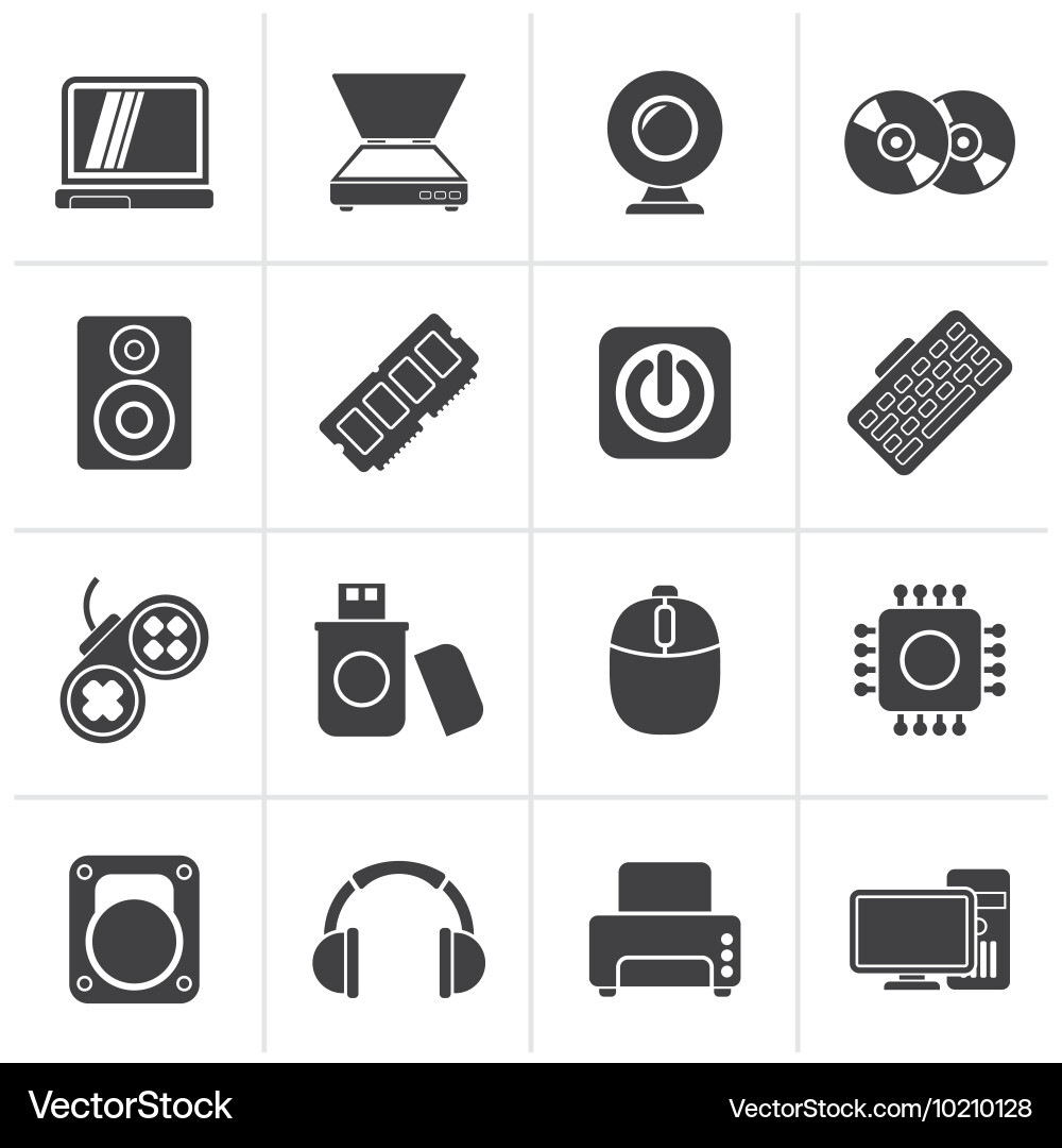 Black Computer Parts and Devices icons Royalty Free Vector
