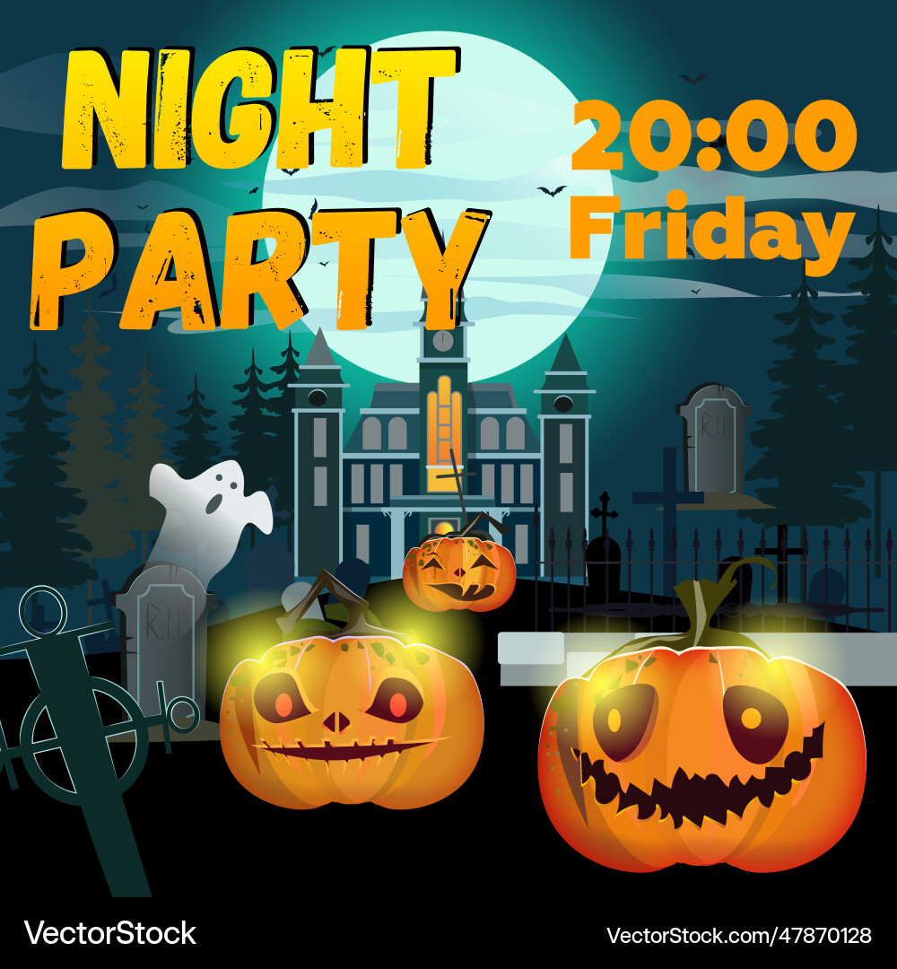 Night party lettering with pumpkins castle Vector Image