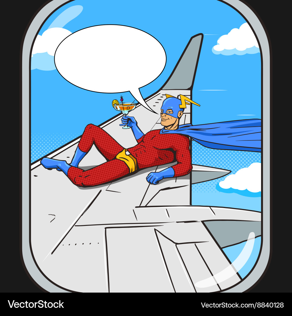 Superhero flying on airplane wing comic Royalty Free Vector