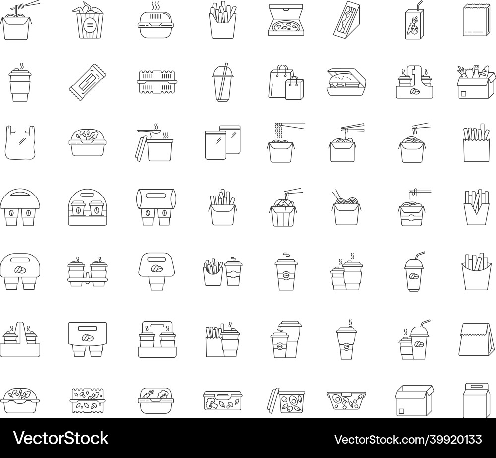 Takeaway food packages linear icons set Royalty Free Vector