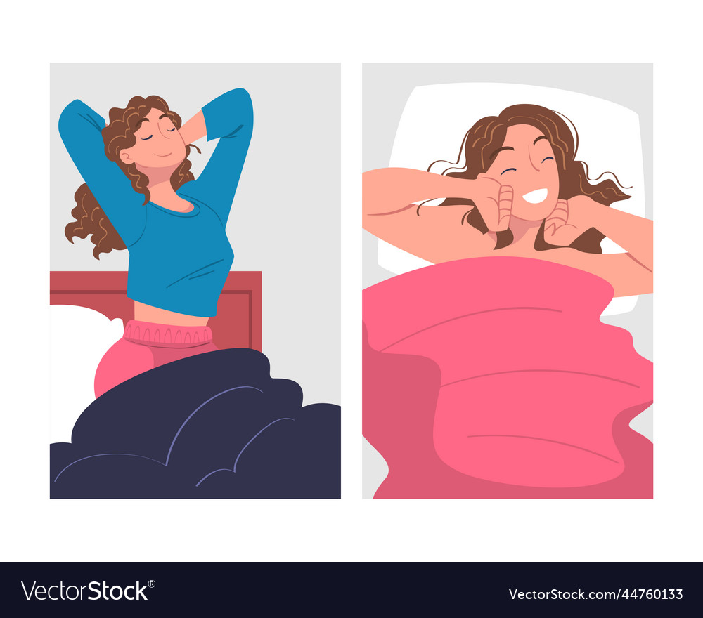 Woman character waking up feeling happy stretching