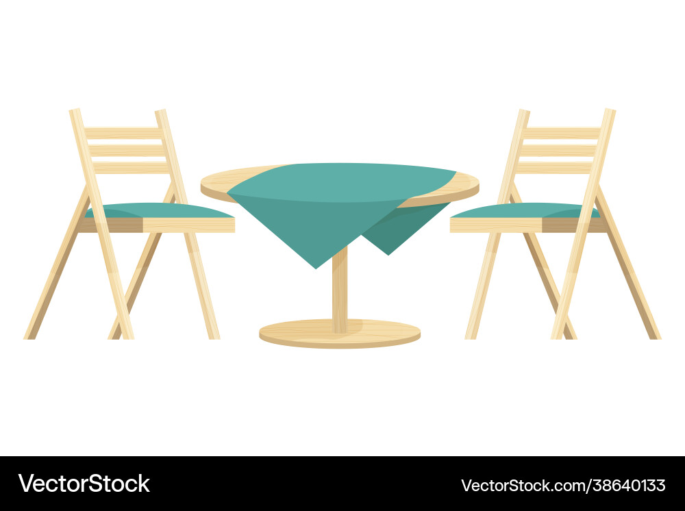 Wooden round table with tablecloth and two chairs Vector Image