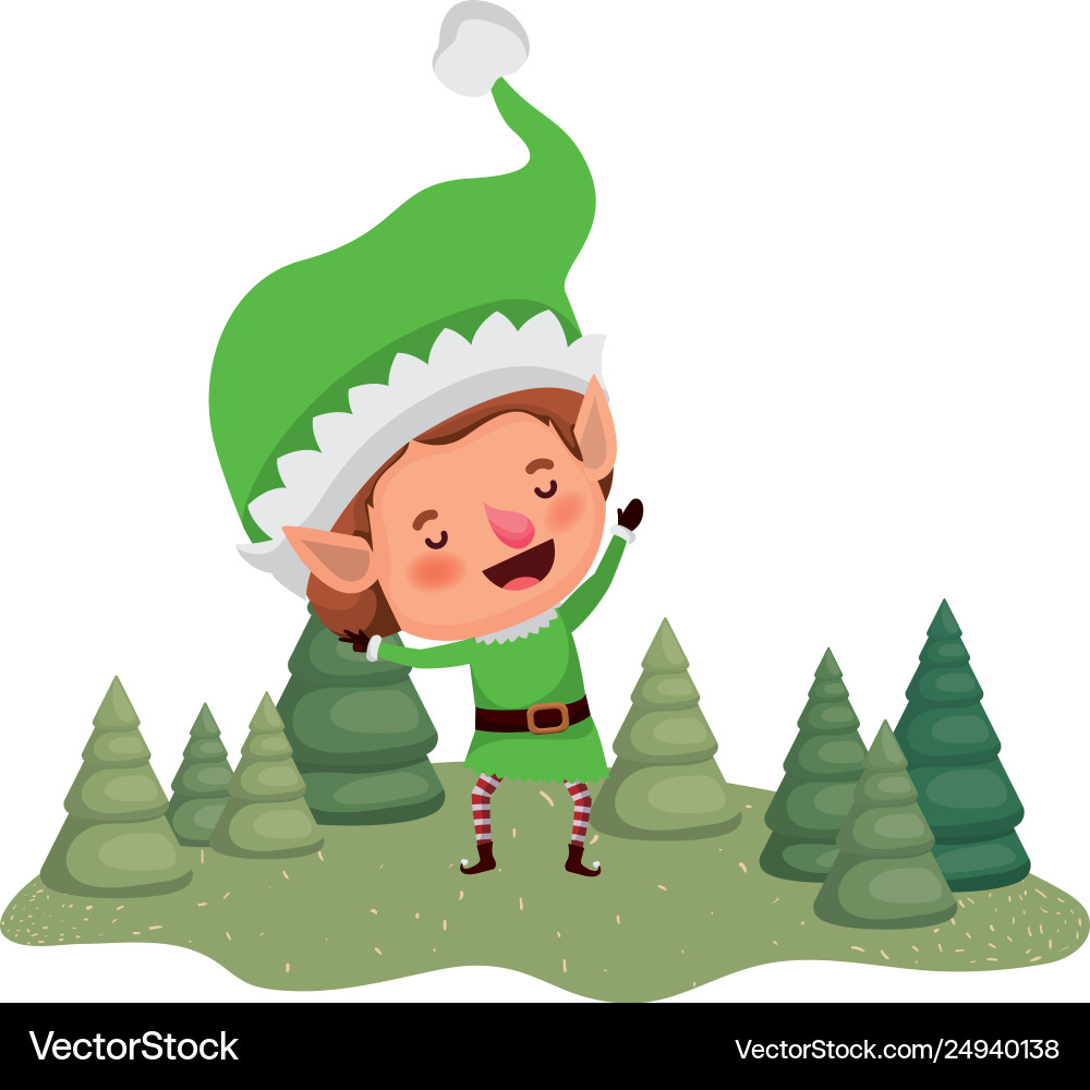 Elf moving with christmas trees avatar character Vector Image