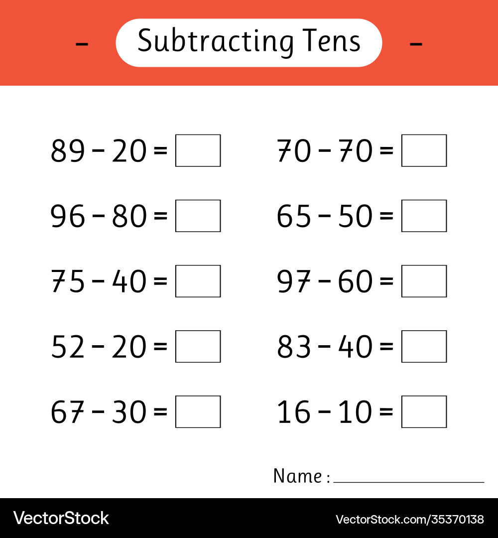 Subtracting tens mathematics math worksheets Vector Image