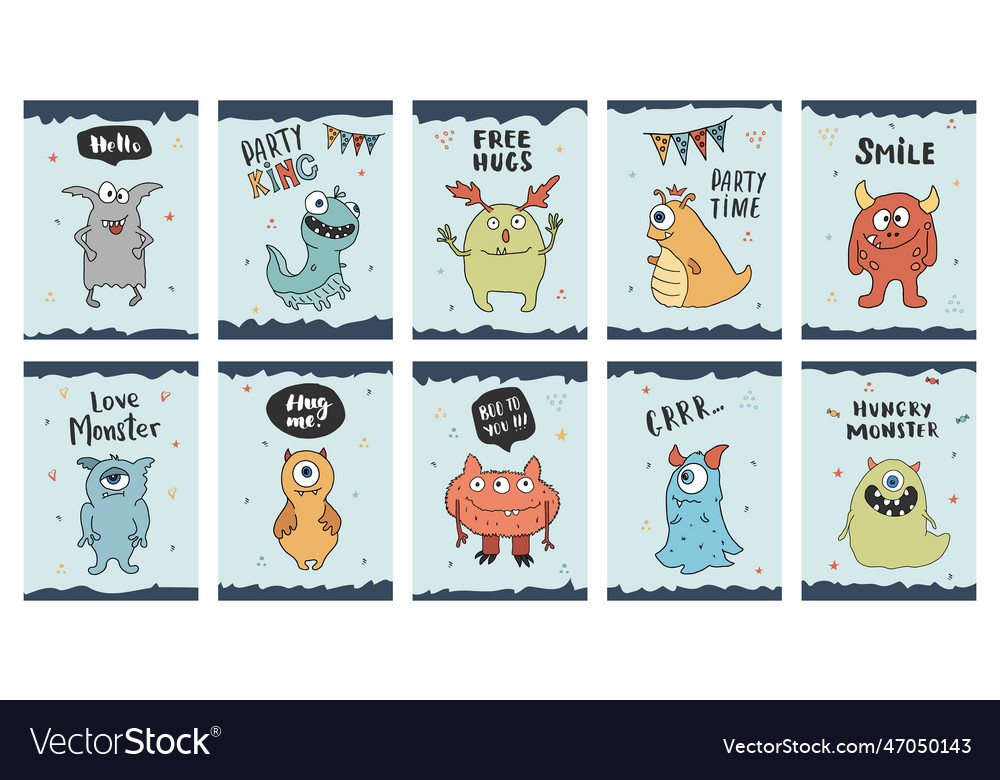 Cute monsters cards set cartoon monsters Vector Image
