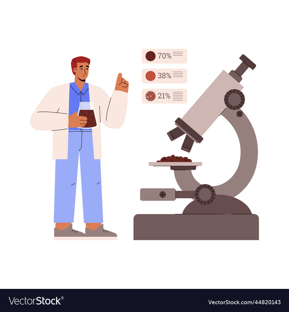 Scientist with microscope analyzing soil samples Vector Image