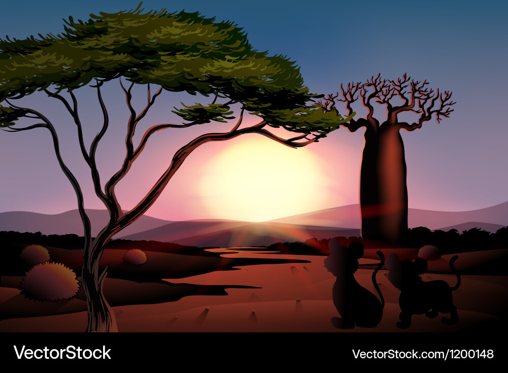 A sunset at the desert with animals Royalty Free Vector