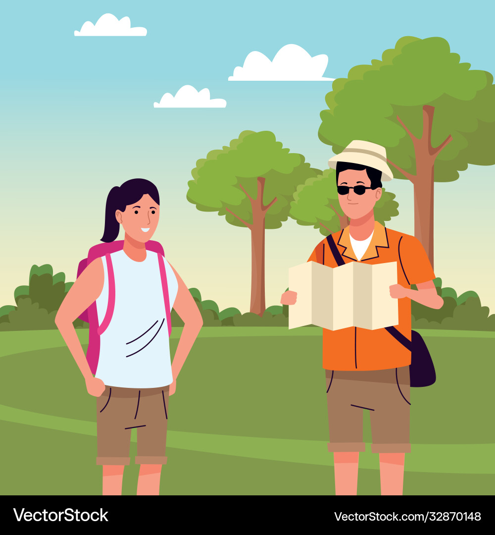 Couple tourists doing activities in field Vector Image