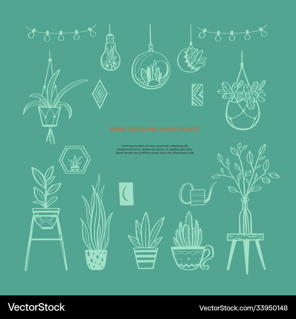 Home decor and house plants hand drawn set Vector Image
