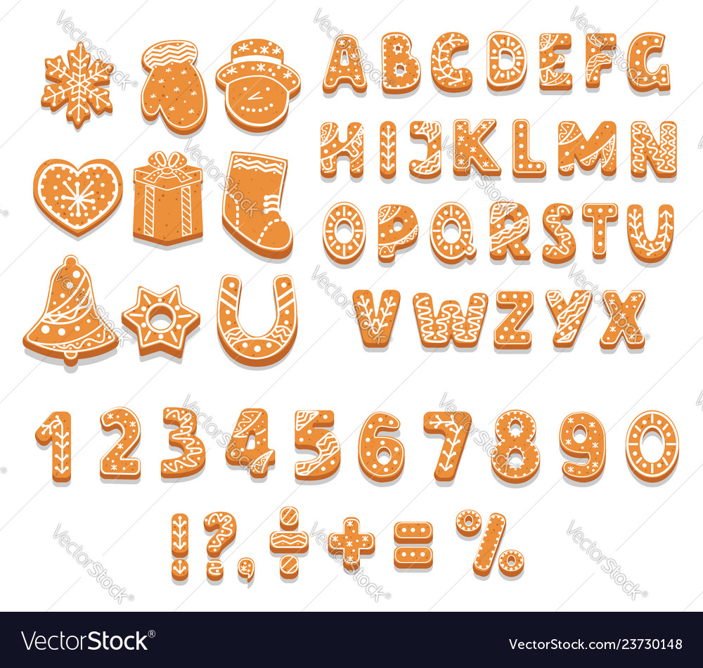 Set gingerbread cookies alphabet numbers Vector Image