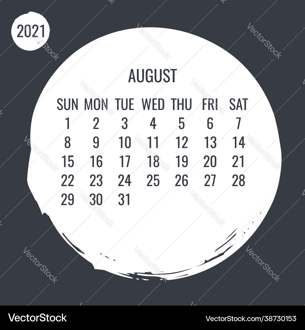 August year 2021 monthly calendar Royalty Free Vector Image