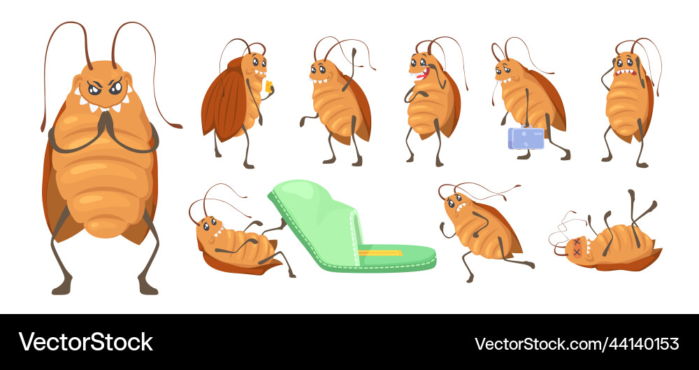 Cute funny cockroach cartoon character set Vector Image