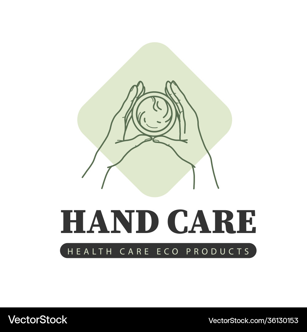 Hand care emblem with two human hands hold can Vector Image