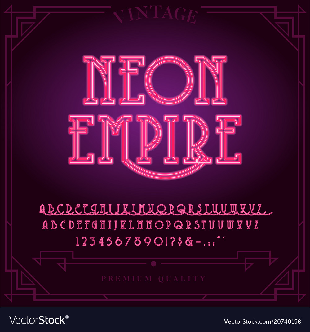 Bright neon alphabet letters numbers and symbols Vector Image