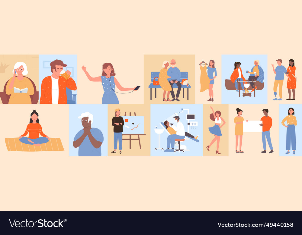 Everyday life scenes of people geometric mosaic Vector Image