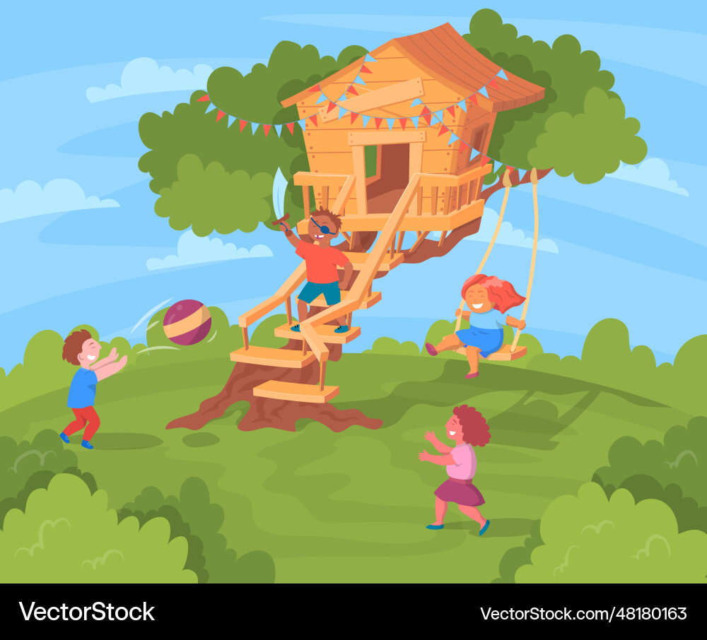 Cartoon color characters kids playing on tree Vector Image
