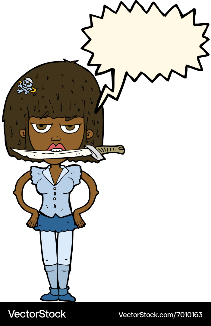 Cartoon woman with knife between teeth with speech