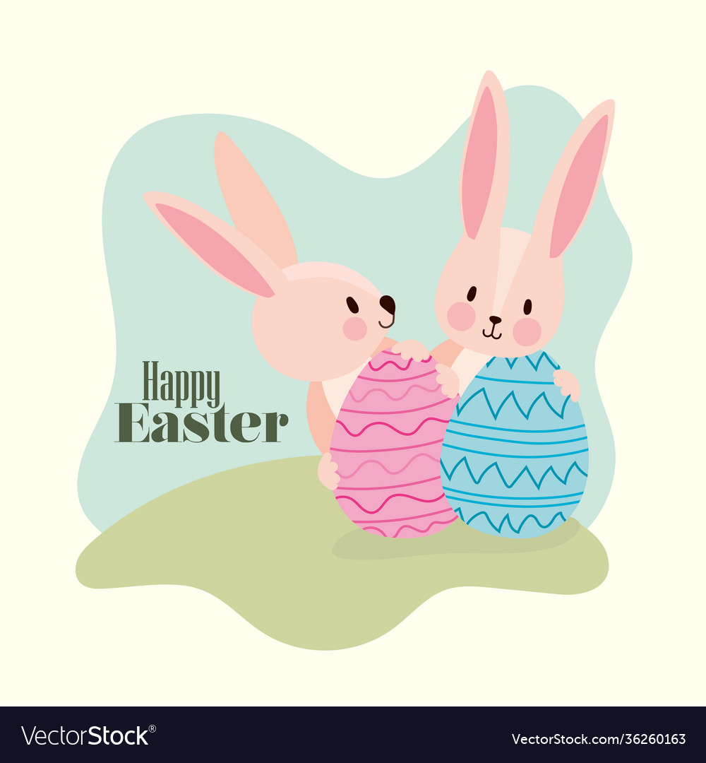 Happy easter lettering and two pink rabbits Vector Image