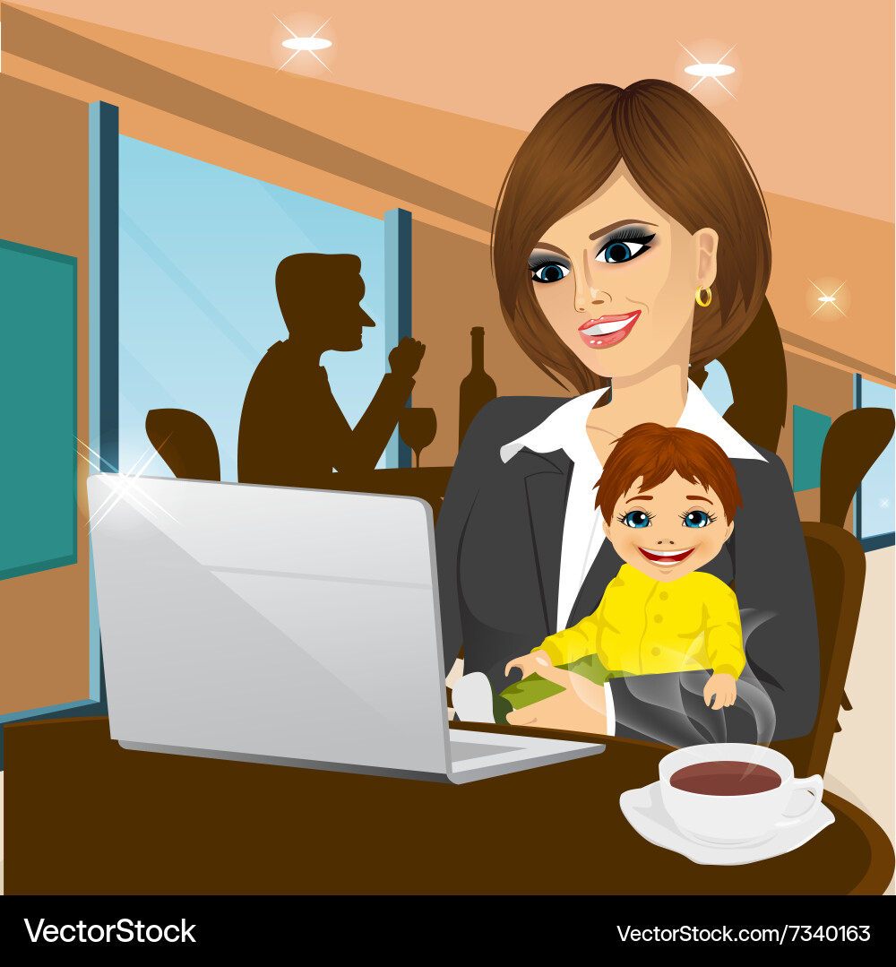 Smiling mother working on laptop in cafe Vector Image
