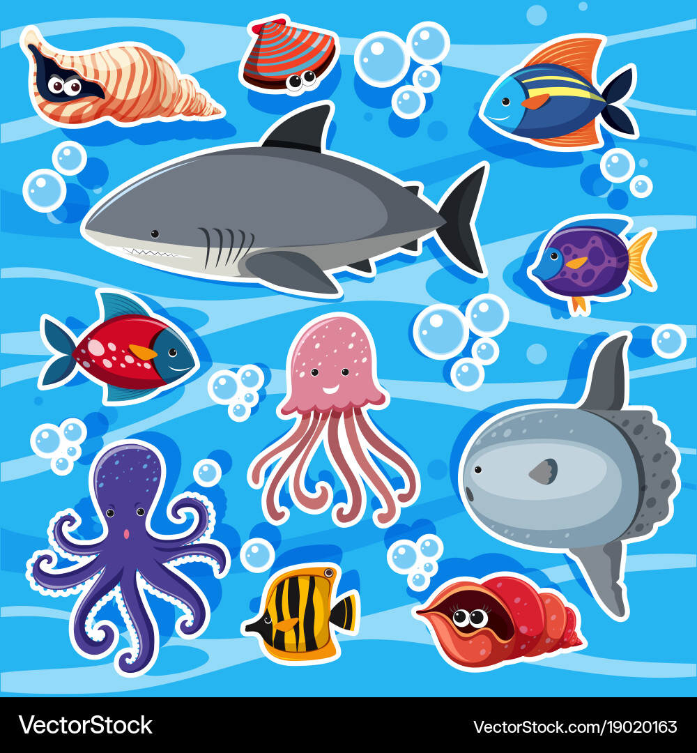 Sticker templates with sea animals underwater Vector Image