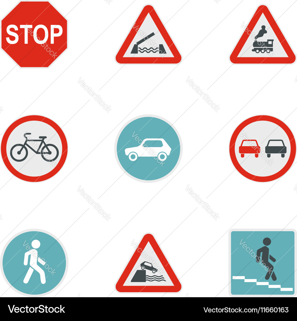 Traffic sign icons set flat style Royalty Free Vector Image