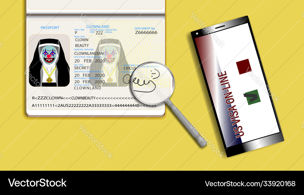 Comic passport with funny clown magnifying glass Vector Image