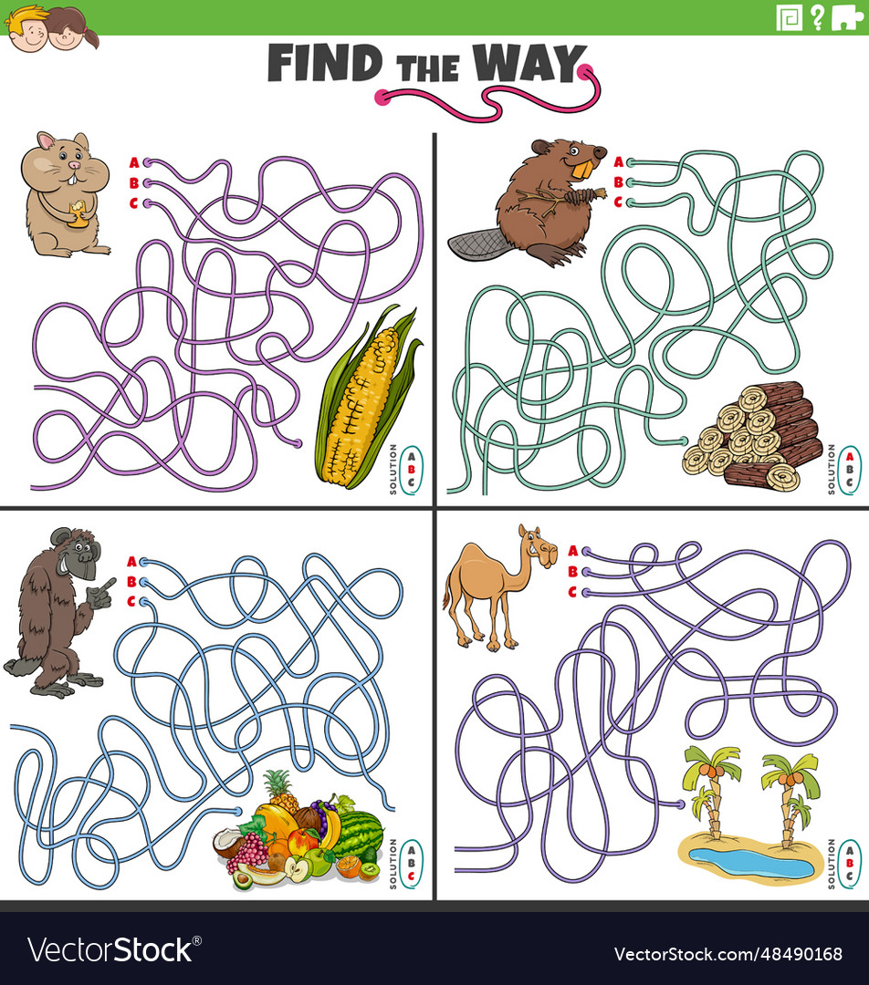 Find the way maze games set with cartoon animals Vector Image