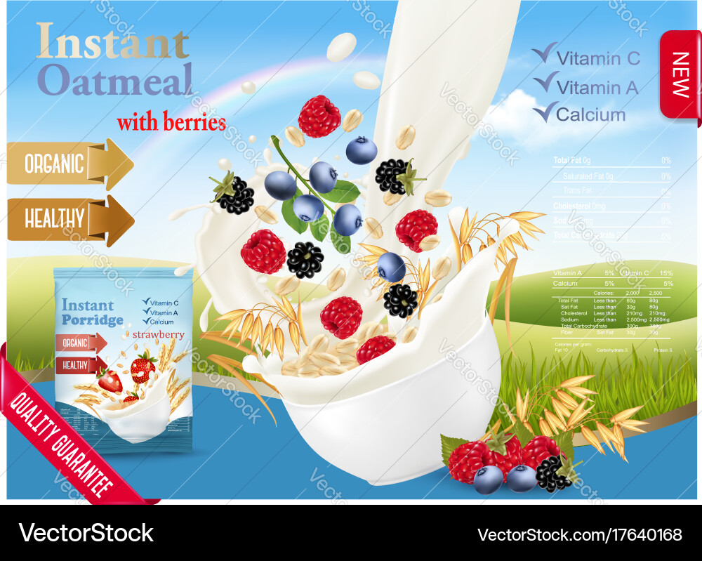 Instant oatmeal with strawberry advert concept Vector Image