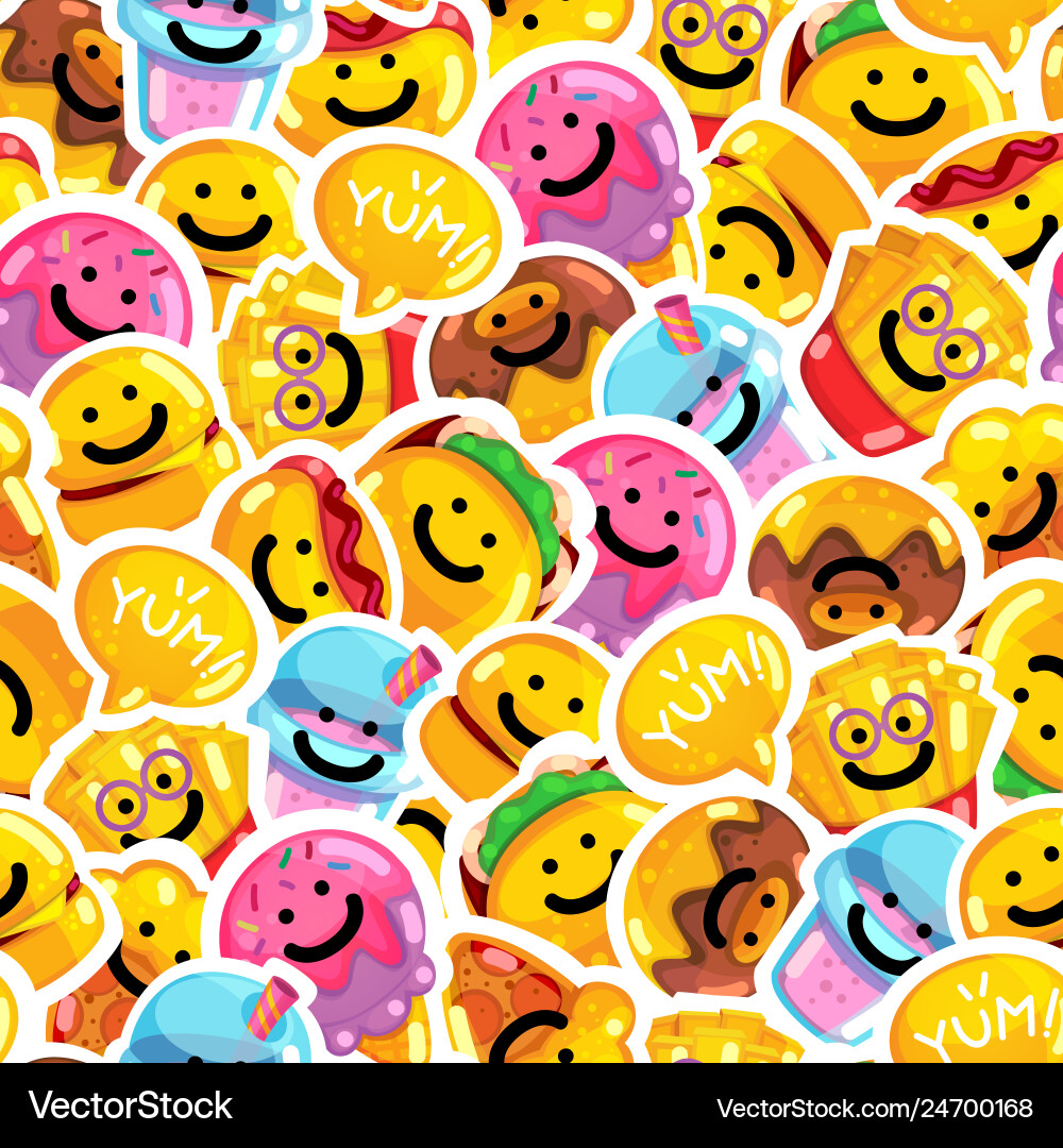 Seamless pattern emoji fast food smile Royalty Free Vector