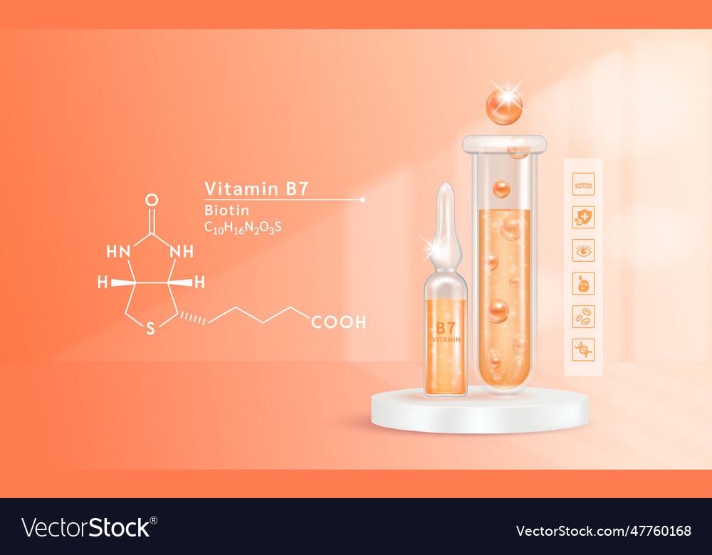 Serum vitamin b7 inside glass ampoule Royalty Free Vector