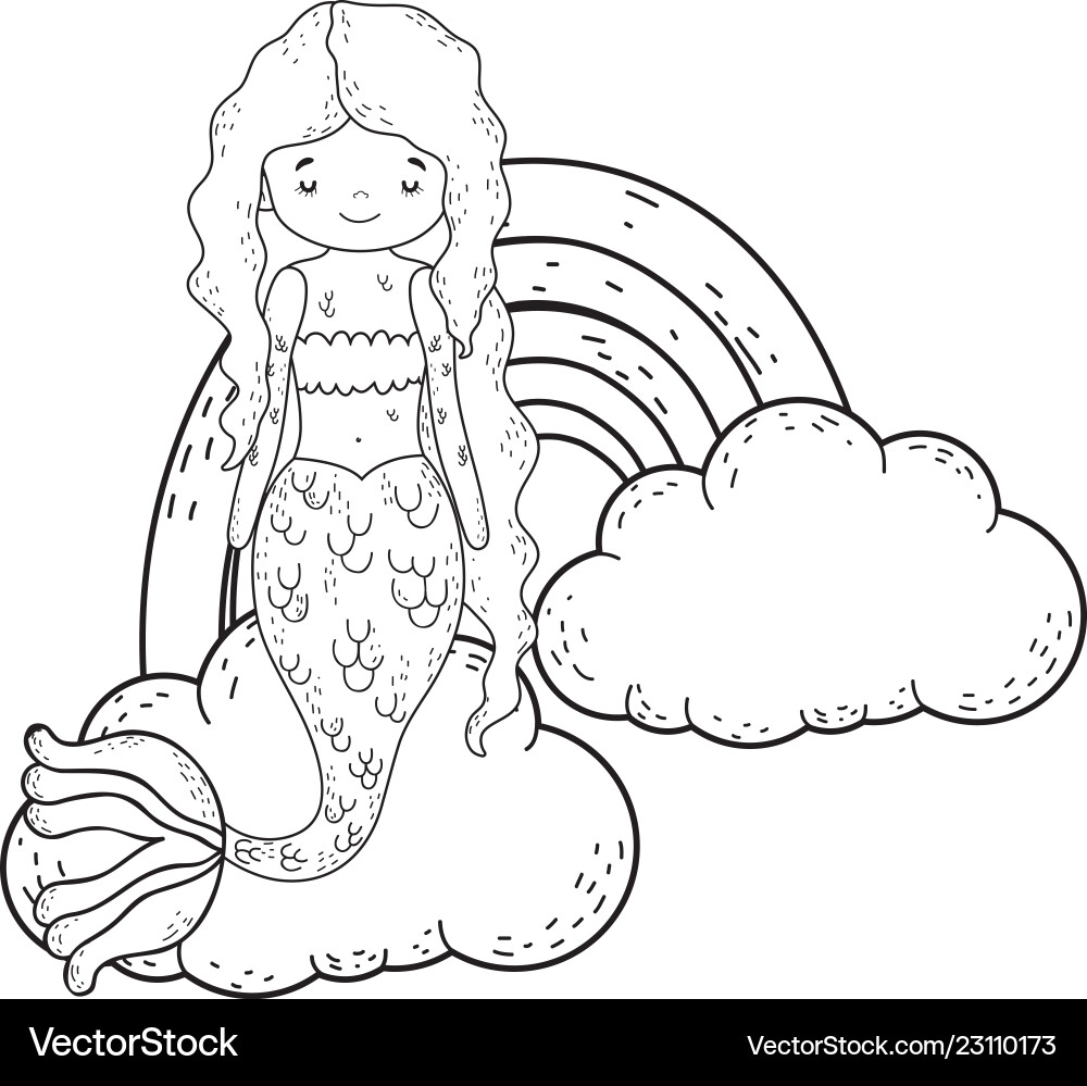 Cute mermaid with clouds and rainbow Royalty Free Vector