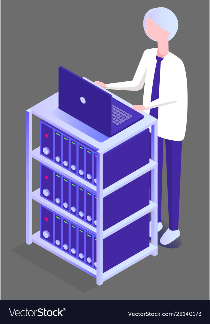 Man working in database center on computer Vector Image