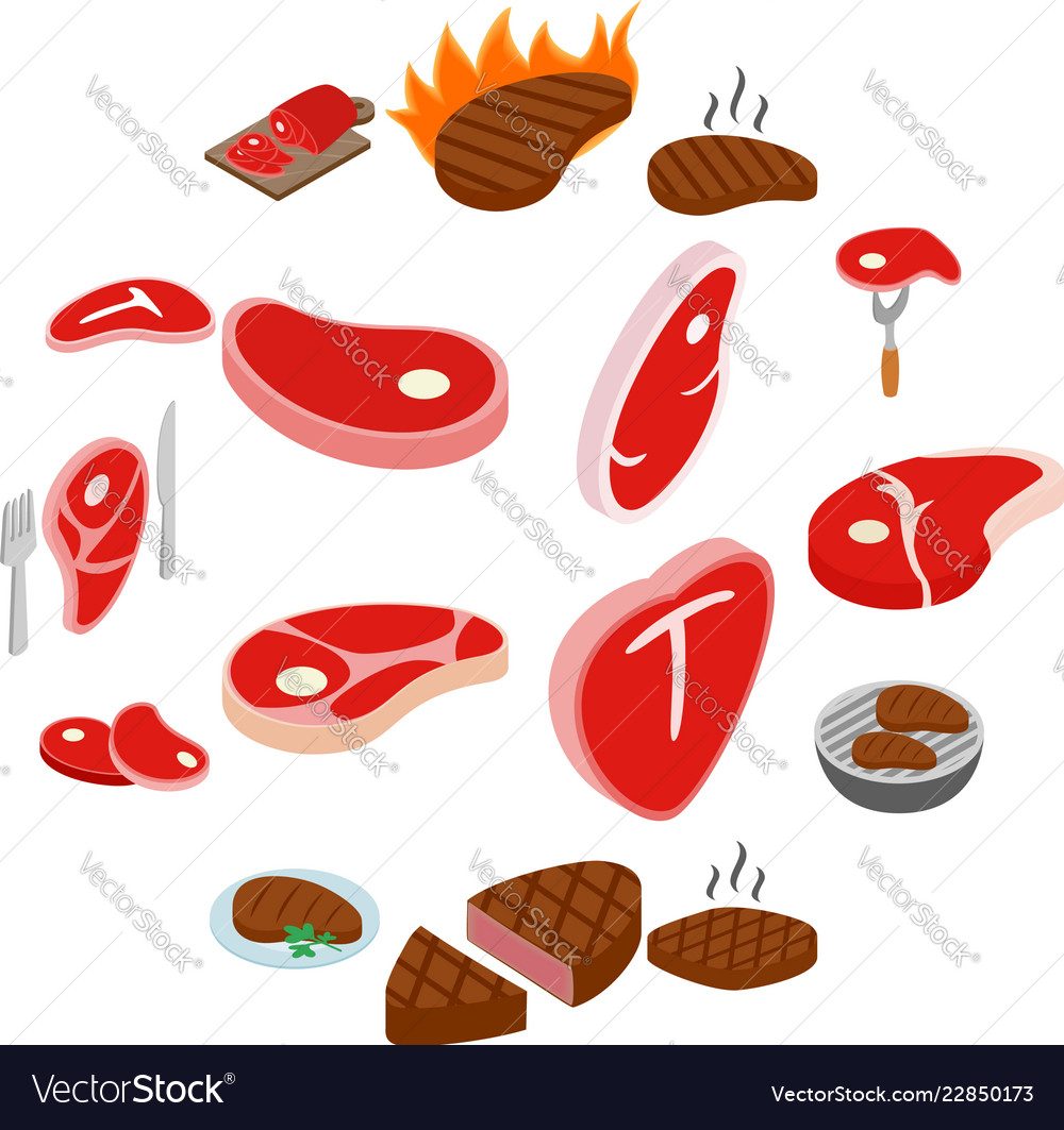 Steak icons set isometric 3d style Royalty Free Vector Image Steak icons set isometric 3d style Royalty Free Vector Image