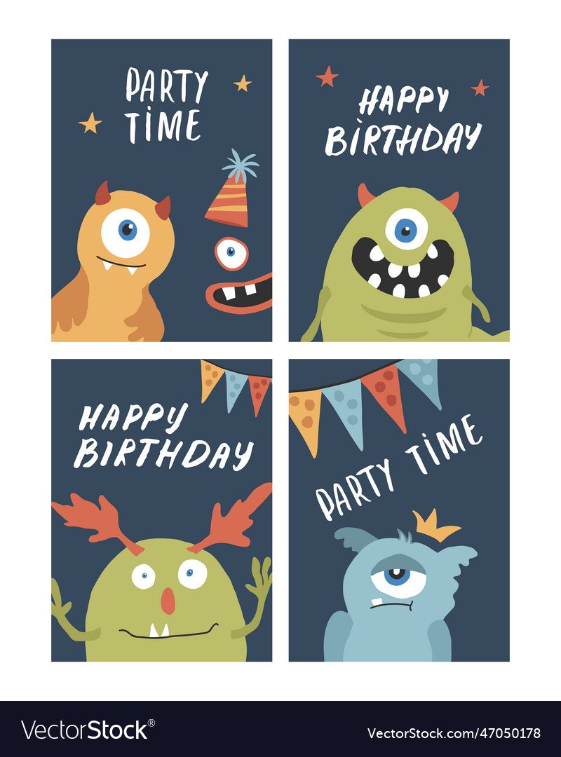 Birthday cards set with cute monsters cartoon Vector Image