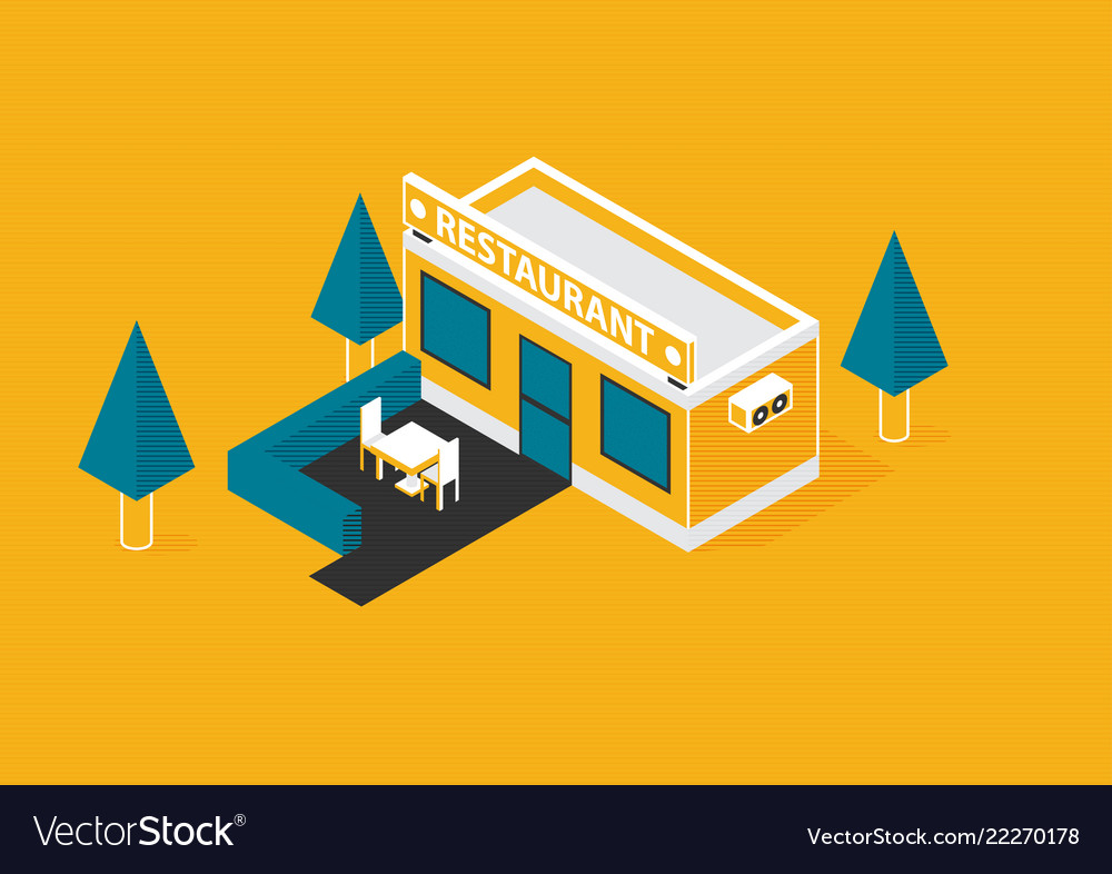 Flat isometric restaurant building with tables Vector Image