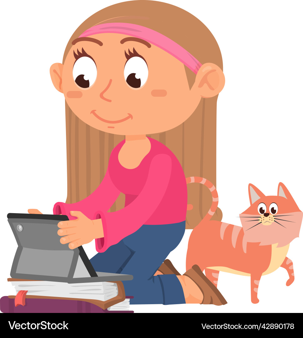 Girl using tablet happy kid studying on gadget Vector Image
