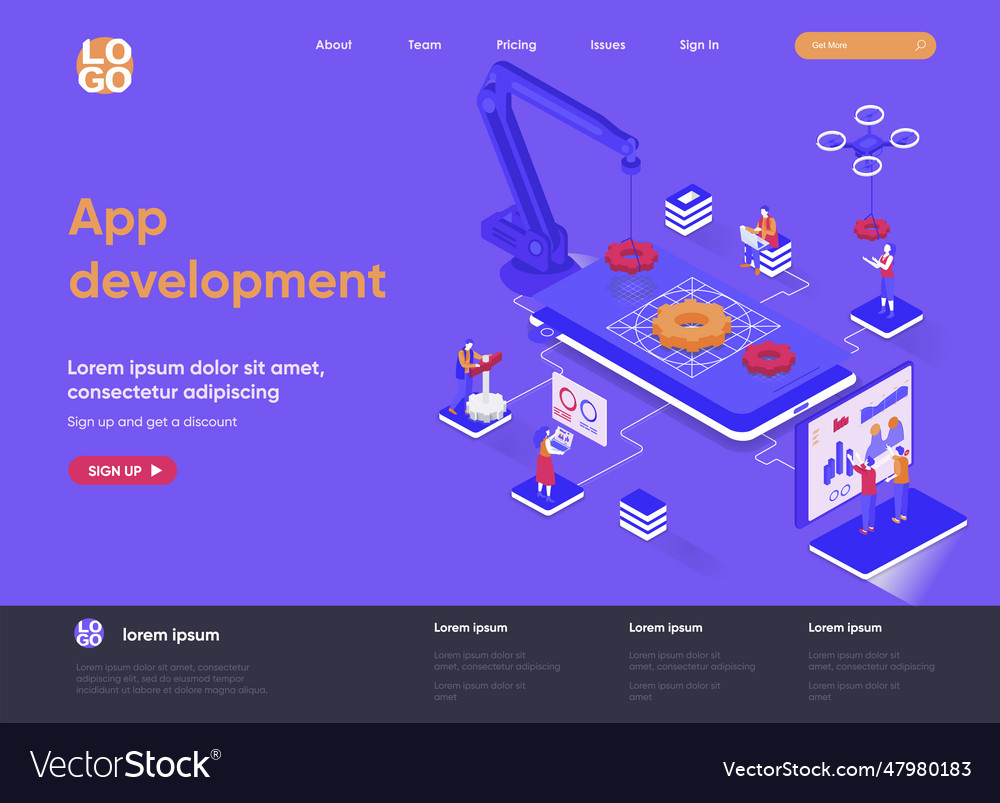 App development isometric landing page ui ux Vector Image