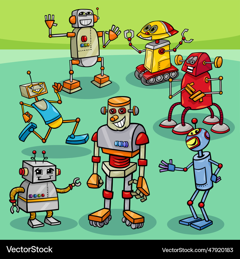 Cartoon happy robots and droids characters group Vector Image