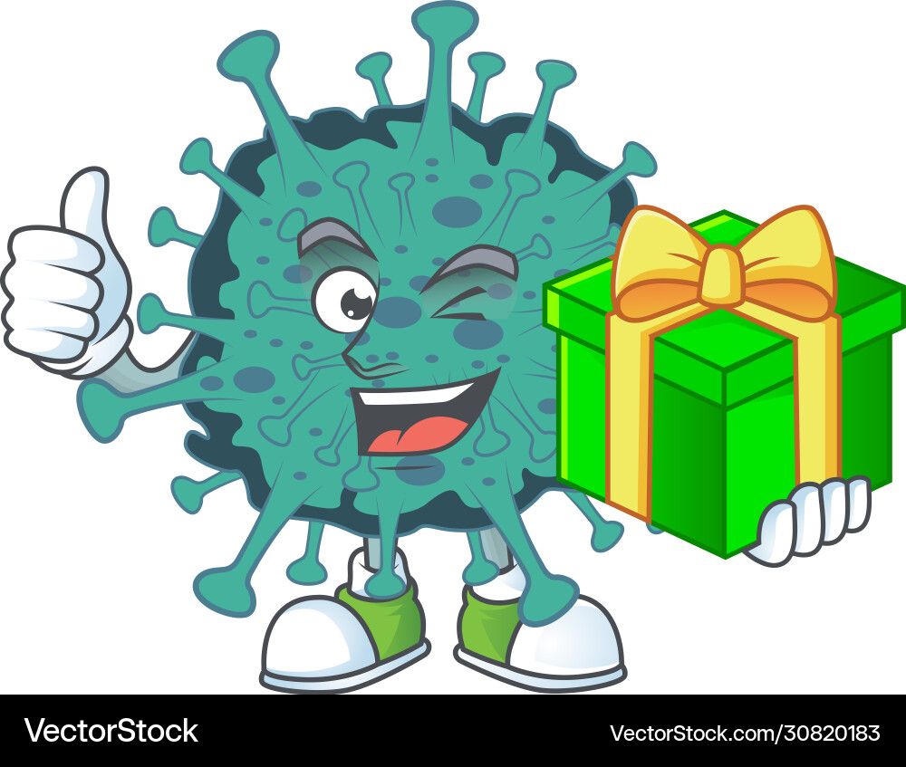 Cheerful critical coronavirus holding a gift box Vector Image