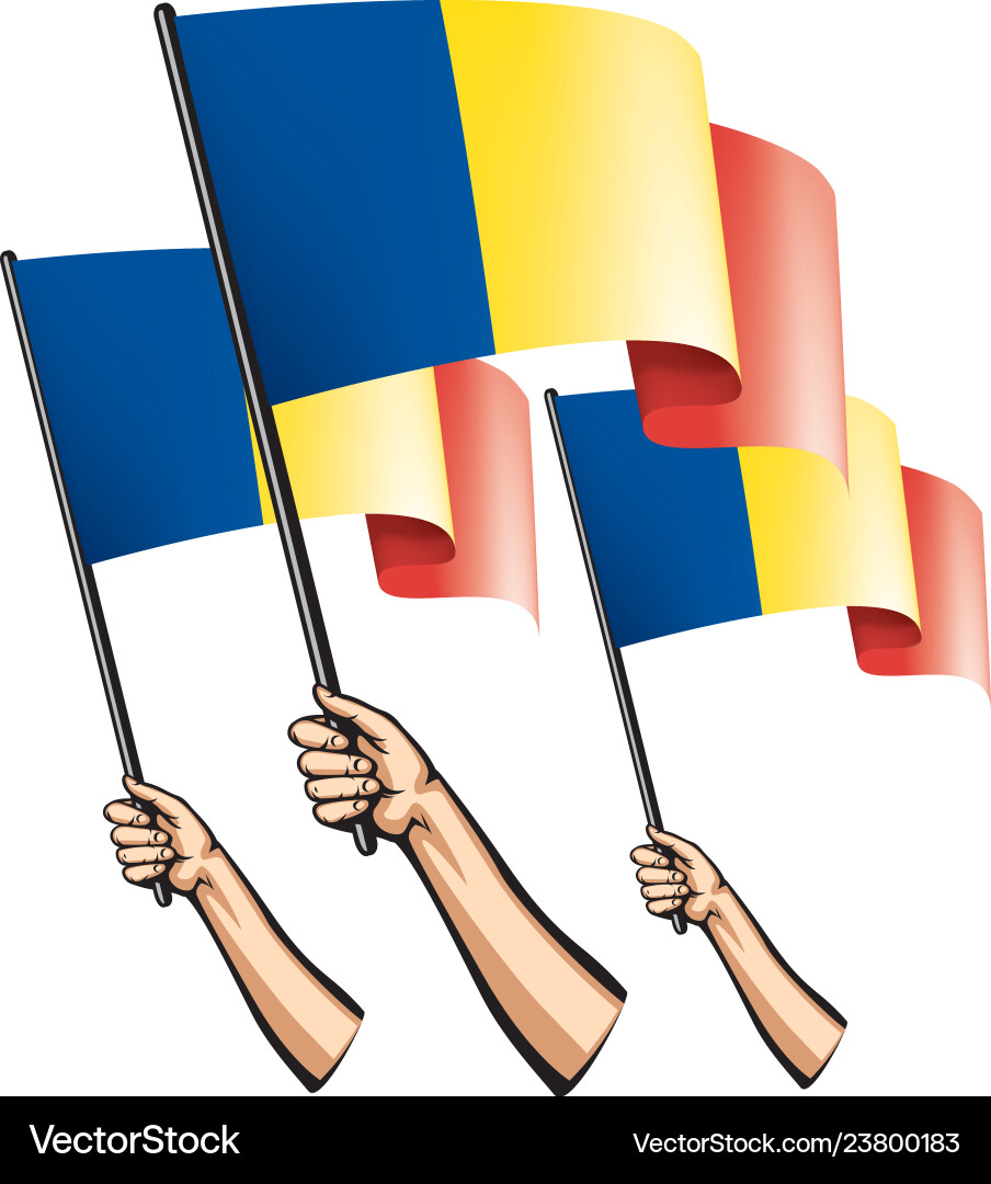 Romania flag and hand on white background Vector Image