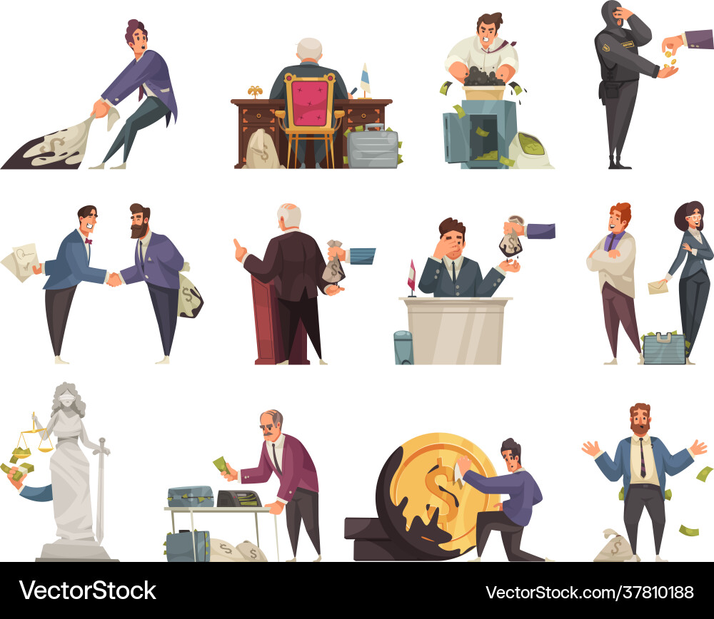 Corruption dirty money cartoon set Royalty Free Vector Image